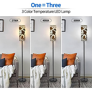 RZNTJHUINA Modern Standing Lamps Cow Leather Skin Brown Country Farmhouse Floor Lamp Rustic Metal Pole Lamp with Linen Lampshade for Bedroom Living Room Office Nursery Reading Foot Switch