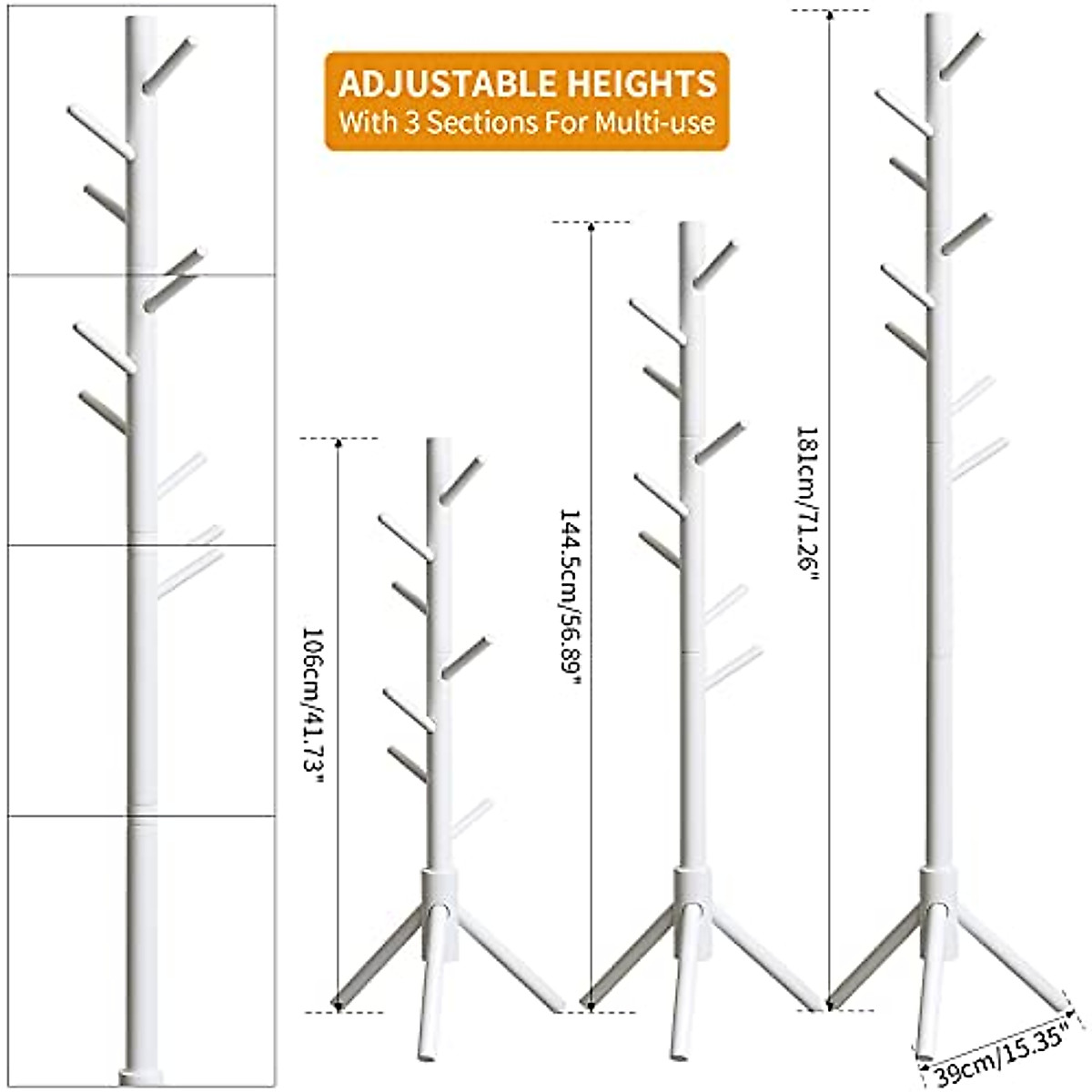 IBUYKE Coat Rack Stand Freestanding, C Shaped Side Table, Coat Tree with 3 Adjustable Sizes and 8 Hooks, Industrial Small End Table for Sofa and Bed, Bedroom, Hallway RF-1194&TMJ406H
