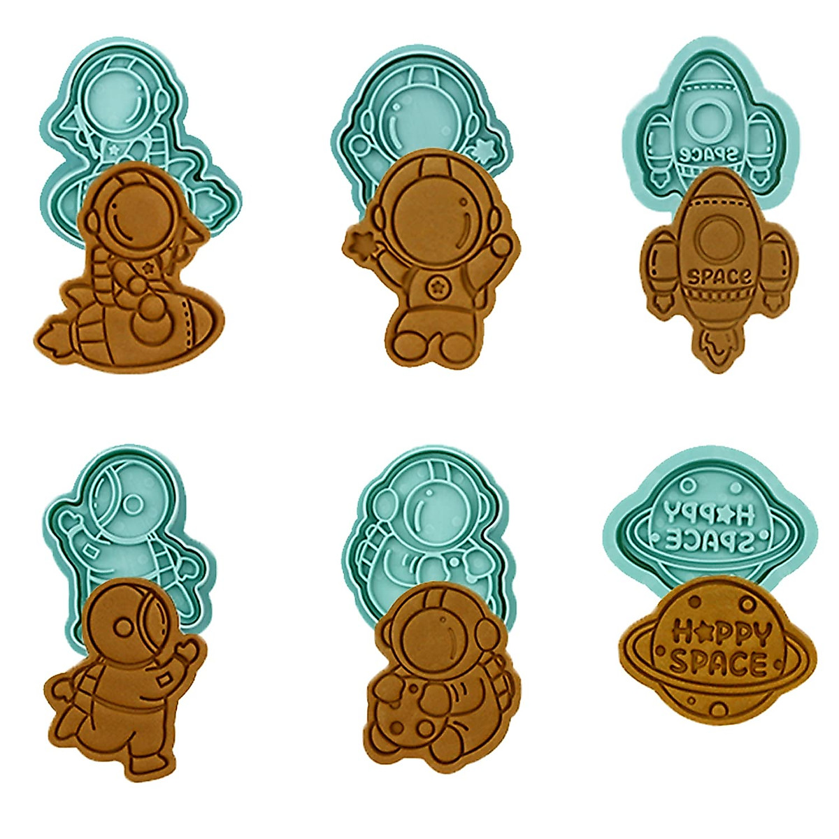 Astronaut 3D Cookie Cutters with Plunger Stamps Set, 6 Pcs Cartoon Pressable Biscuit Cutters Shape for Treats DIY Baking Cookie Supplies