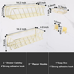THCOFUUD Gold Shower Caddy, 5 Pack Rustproof Stainless Steel Organizer With Soap Holder & 2 Razor Hooks, Wall Mounted Shelves, Adhesive Rack, Large Capacity Basket for Storage, Gold Decor