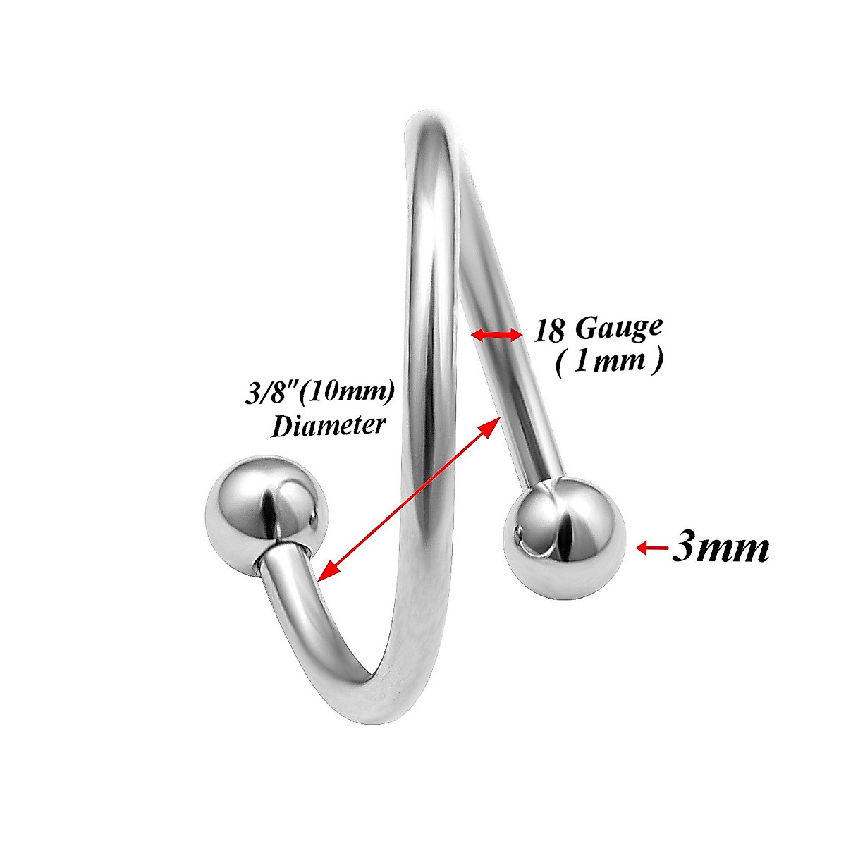 bodyjewellery 2pcs 18g Spiral Barbell Cartilage Earring Lip Tragus Eyebrow Hoop Helix Twisted Bar Surgical Steel Studs BBDJ Balls 10mm