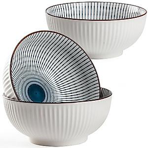Hesen 60 oz Large Soup Bowl, Pho Bowls, Japanese Ramen Bowl Set, Big Porcelain Bowls Set of 3, 8 inches, Stripe Pattern