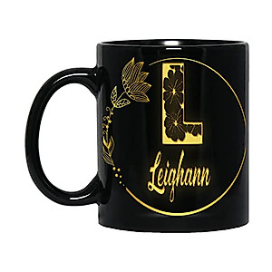 Coffee Mug Personalized Leighann Name & Initial Letter Monogram Floral Alphabet Mug Golden Flowers Custom Black Coffee Cup, Gift for Her Mom Coworker Sister, Wife, Girl 11oz Black Mug 670033