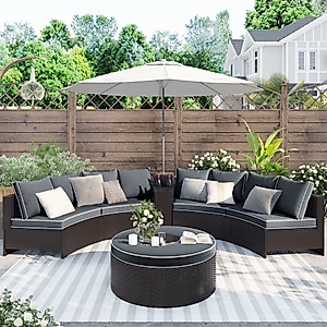 KLMM 6 Pieces Outdoor Sectional Conversation Set,Patio Half Round PE Wicker Furniture Sofa Set with 1 Storage Side Table for Umbrella,for Porch Lawn Garden Backyard Poolside
