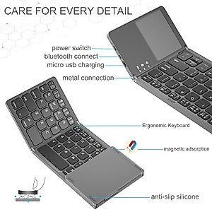 Gimibox Foldable Bluetooth Keyboard, Pocket Size Portable Mini BT Wireless Keyboard with Touchpad for Android, Windows, PC, Tablet, with Rechargeable Li-ion Battery-Dark Gray