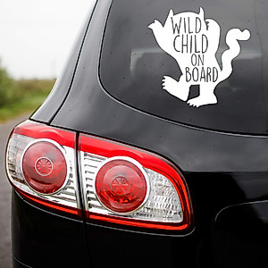 Vinyl Wall Art Decal - Wild Child On Board - 5" x 5" - Sarcastic Cute Funny Adult Joke Little Devil Shape Quote Sticker for Playroom Daycare Family Cars Minivan Rear Window Car Bumper Decor (White)