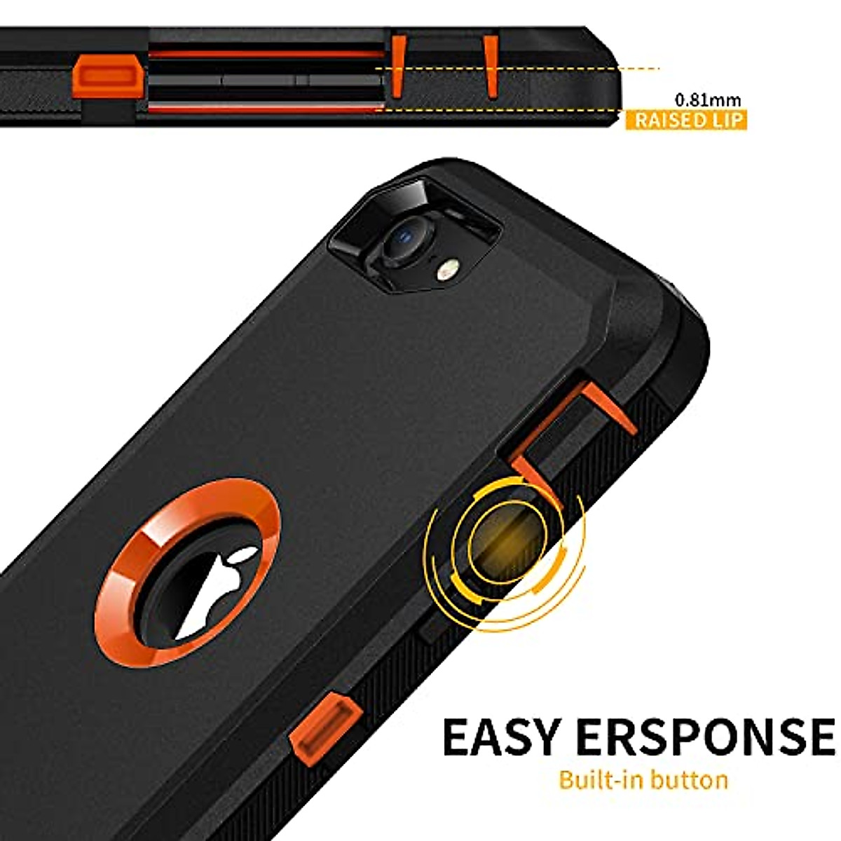 RegSun for iPhone SE 2020 Case,Built-in Screen Protector,Shockproof 3-Layer Full Body Protection Rugged Heavy Duty High Impact Hard Cover Case for iPhone SE 2nd Gen 4.7-inch,Black/Orange