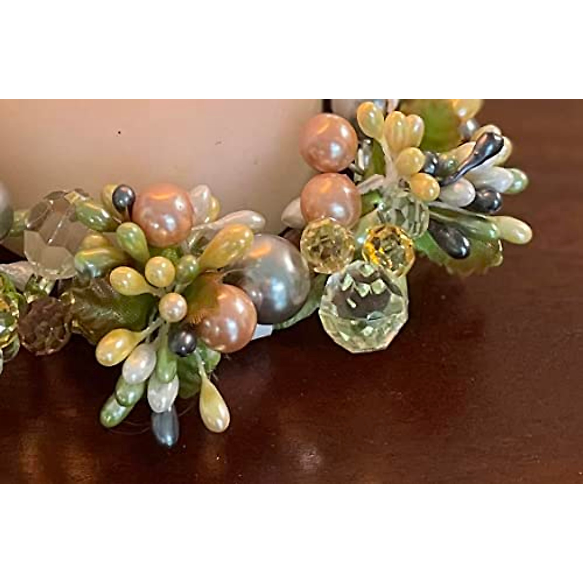 6 Inch Crystal and Pearlized Berry Candle Ring, Holds 3.75 Inch Pillar Candle - Green, Blue, Yellow and Blush