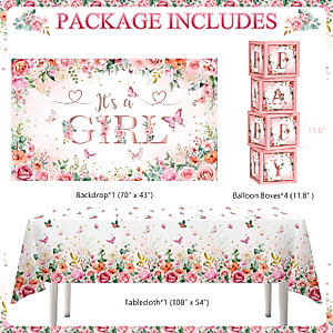 Baby Shower Decoration for Girl Baby Girl Pink Rose Gold Baby Shower Decoration Floral Gender Reveal Party Supplies with It's a Girl Backdrop Balloon Arch Baby Box with Letter Butterfly Sticker
