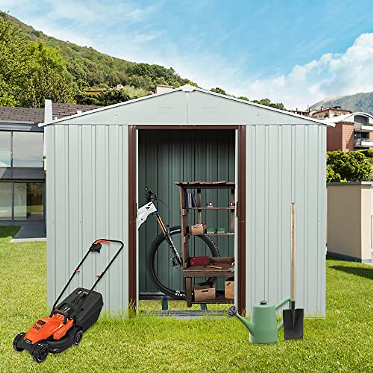 GLANZEND 8 X 4 Feet Outdoor Storage Shed, Metal Utility Tool Shed with Waterproof Sloping Roof, Punched Vents and Sliding Lockable Doors, Garden Storage House for Backyard Lawn, White