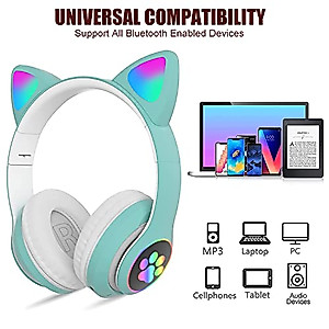 KERHAND Bluetooth Headphones for Kids, Cute Ear Cat Ear LED Light Up Foldable Headphones Stereo Over Ear with Microphone/TF Card Wireless Headphone for iPhone/iPad/Smartphone/Laptop/PC/TV (Green)
