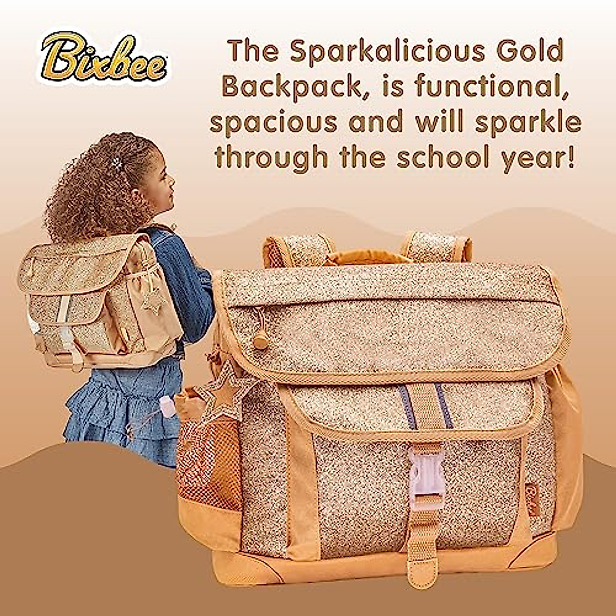 Bixbee Personalized Kids Backpack, Gold Sparkly Bookbag for Kids & Toddlers Ages 3+ 5-7 | Custom Backpack with Name for Boys & Girls | Water Resistant Monogrammed School Bag