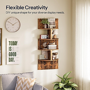 HOOBRO Corner Shelf Wall-Mounted, Set of 2 Floating Corner Shelves, 4-Tier Corner Bookshelves for Wall Decor in Living Room, Bedroom, Bathroom, Home Office, Rustic Brown BF25BJP201