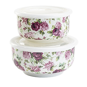 Grace Pantry Porcelain Storage Bowls With Vented Lids, Large and Medium 2-Piece Set, (Summer Rose Chintz), 30 ounces