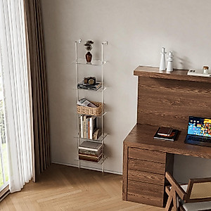 CRTERICX Small Acrylic Ladder Bookshelf, 9.5" D x 15.6" W, 5-Tier Clear Wall Mounted Book Shelf for Small Spaces, Multipurpose Bookcase for Living Room, Bathroom, Office, Modern, 73" H