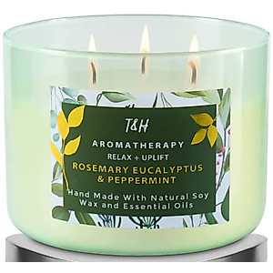 Rosemary Eucalyptus & Peppermint Scented Candle with Lavender & Thyme, Refreshing Stress Relief Aromatherapy Candle 3-Wick 15.8 oz, Strong Eucalyptus Mint Candles for Home Scented, Natural Soy Candles