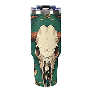 FZQVSGW Bull Skull 40 Oz Tumbler with Handle And Straw Stainless Steel Vacuum Insulated Tumblers Reusable Keep Drinks Cold Coffee Cup Holder Friendly Gifts for Women Men Car Gym Travel