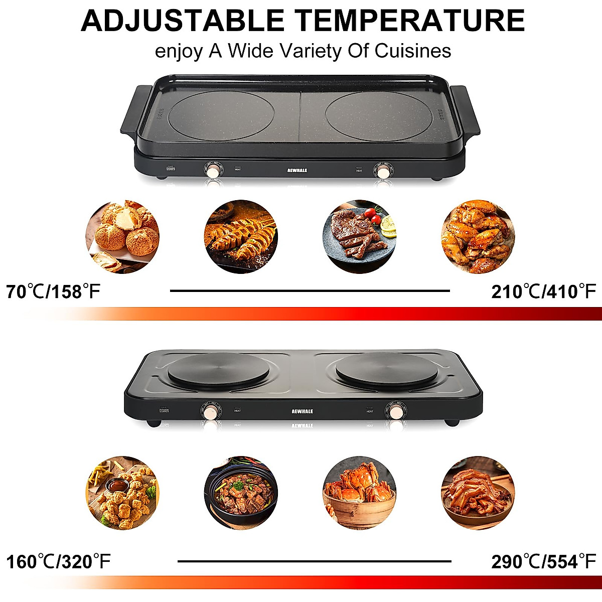 AEWHALE Portable Double Electric Burner with Removable Cast Aluminium Griddle Pan Non-stick,1800 W Hot Plate for Cooking, Independent Temperature Control for Family Party