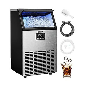 Silonn Commercial Ice Maker Machine, 90lbs/24H with 30lbs Bin, Full Heavy Duty Stainless Steel Construction, Self-Cleaning, Clear Cube for Home Bar, Include Connection Hose, Scoop