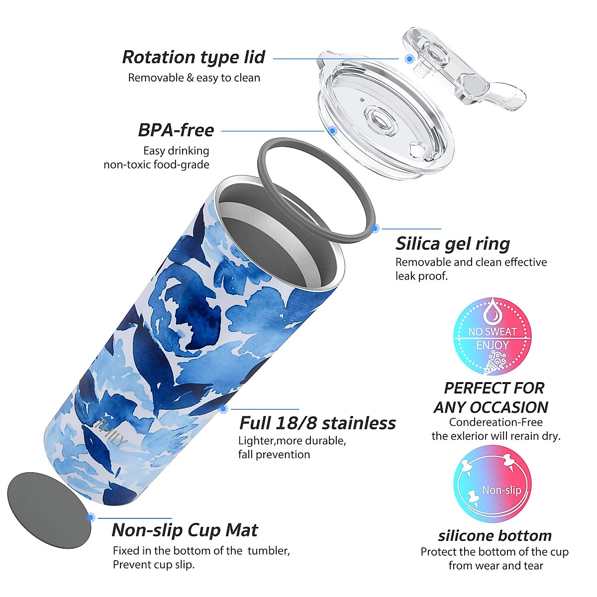 THILY Stainless Steel Vacuum Insulated Tumbler 26 oz Triple-Insulated Travel Mug with Splash-Proof Lid, for Iced Coffee and Hot Beverage, Blue Maple