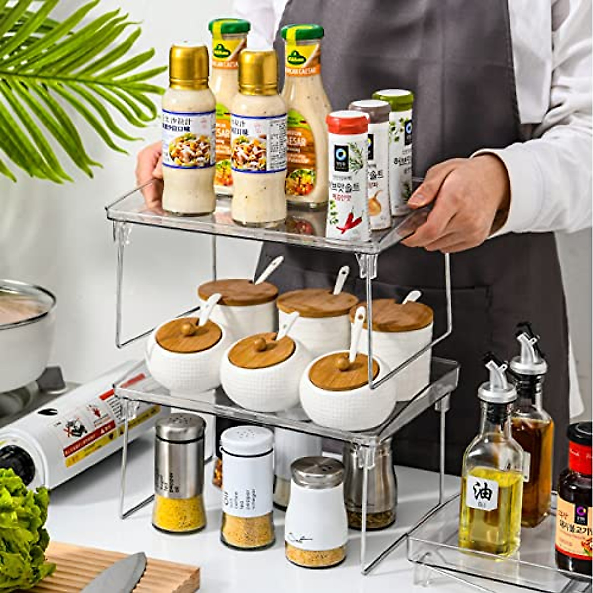 2 Tier Bathroom Countertop Organizer, Folding Stackable Clear Counter Standing Rack Cosmetic Holder Bathroom Counter Shelf Bathroom Trays for Counter Vanity Organizers and Storage Countertop Organizer