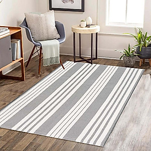 Grey and White Outdoor Rug 3'x 5' Front Porch Rug Cotton Hand-Woven Striped Rug Machine Washable Indoor/Outdoor Area Rug Front Door Floor Mat for Farmhouse/Layered Door Mats/Living Room/Entryway