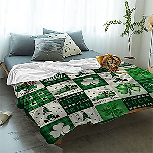 St. Patrick's Day Shamrock Super Soft Flannel Fleece Throw Blankets Lucky Clover Gnome Truck Green Plaid Blanket Lightweight Cozy Warm Fuzzy Plush Microfiber Blankets for Couch Bed Sofa 40x50inch