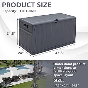 Cemeon 120 Gallon Outdoor Large Deck Storage Box, Resin Wicker Patio Storage Container for Patio Cushions, Gardening Tools and Toys (Dark Gray)