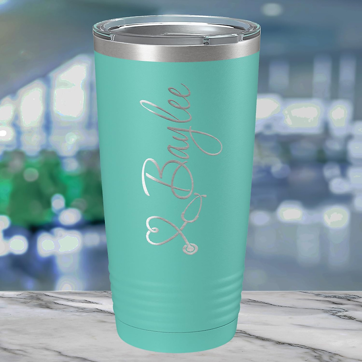 Personalized Heart Stethoscope Nurse, RN, LPN, CNA, CMA, MA Laser Engraved on Seafoam 20 oz Stainless Steel Tumbler with Lid - Insulated Cup - Travel Mug