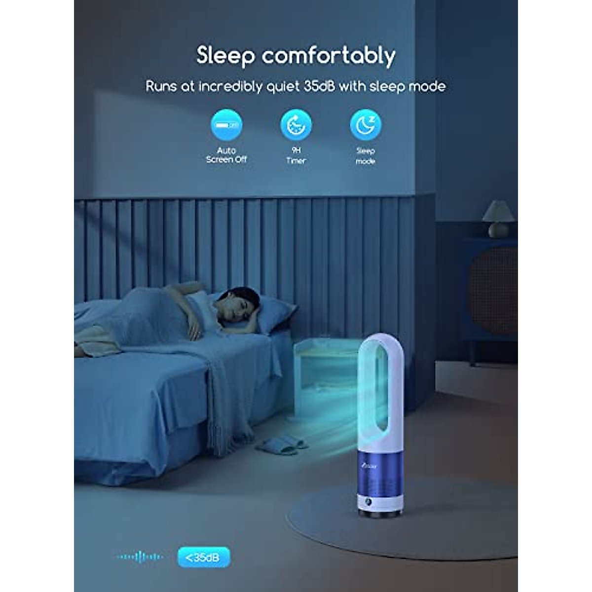 ZICOOLER Bladeless Fan, 22" Tower Fan with Remote, 8 Speeds, 9H Timer, 80°Swing, Oscillating Fans for Home, 35dB Quiet DC Standing Floor Fan for Bedroom