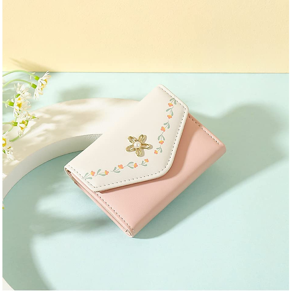 kuifang Girls Cute flowers Print Wallet, Small Tri-folded Aesthetic Wallet, PU Leather Purse Cash Pocket Card Holder ID Window Purse for Women(Pink)