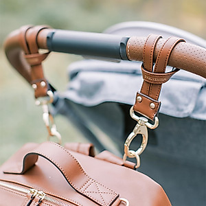 TWELVElittle Stroller Clips 2.0 Non Slip, Vegan Leather, Diaper Bag Straps, Toffee