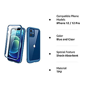 Diaclara Designed for iPhone 12/12 Pro Case, Full Body Rugged Case with Built-in Touch Sensitive Anti-Scratch Screen Protector, Soft TPU Bumper Case for iPhone 12/12 Pro 6.1" (Blue and Clear)