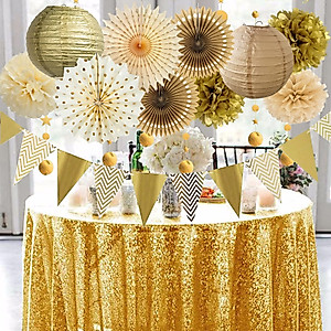 Gold Party Decorations Hanging Paper Fans Paper Lanterns Pom Poms Flower Pennant Banner for Rustic Wedding Neutral Baby Shower Bachelorette Graduation Birthday New Year Party Decoration