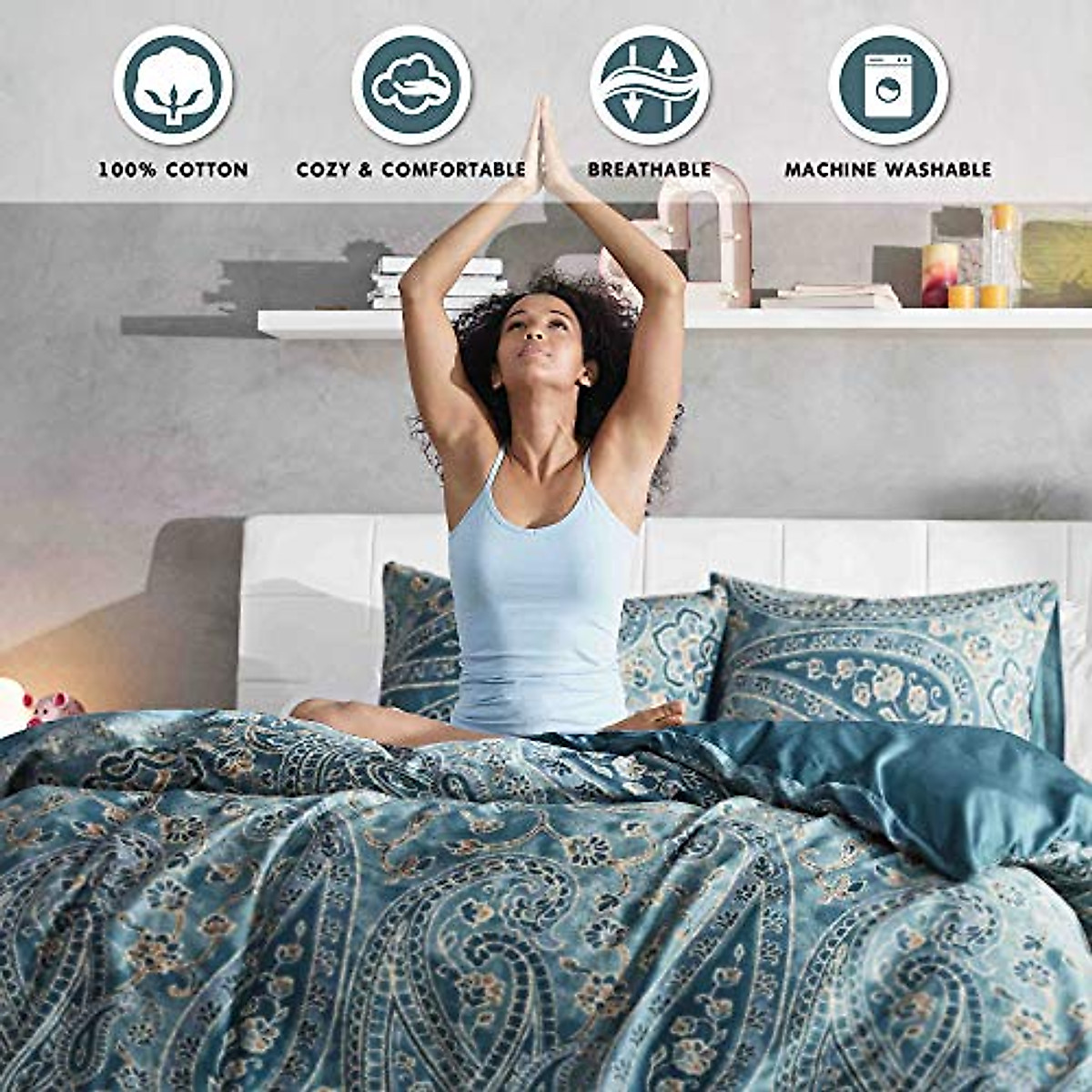 Inspire by Intelligent Design Reversible 100% Cotton Sateen Duvet - Breathable Comforter Cover, Modern All Season Bedding Set (Insert Excluded), Belcourt, Paisley Blue King/Cal King(104" x 90")