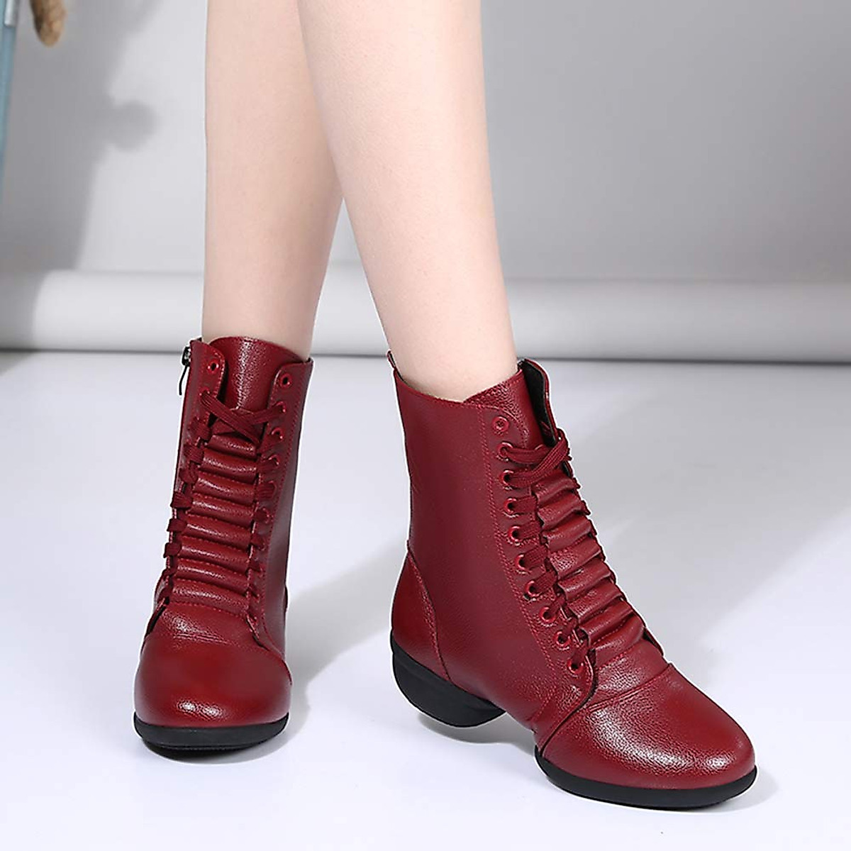 DKZSYIM Women's Leather Sailor Dance Shoes Boost Dance Sneaker/Modern Jazz Ballroom Performance Sports Shoes,Model 1817,Red,7.5 B(M) US