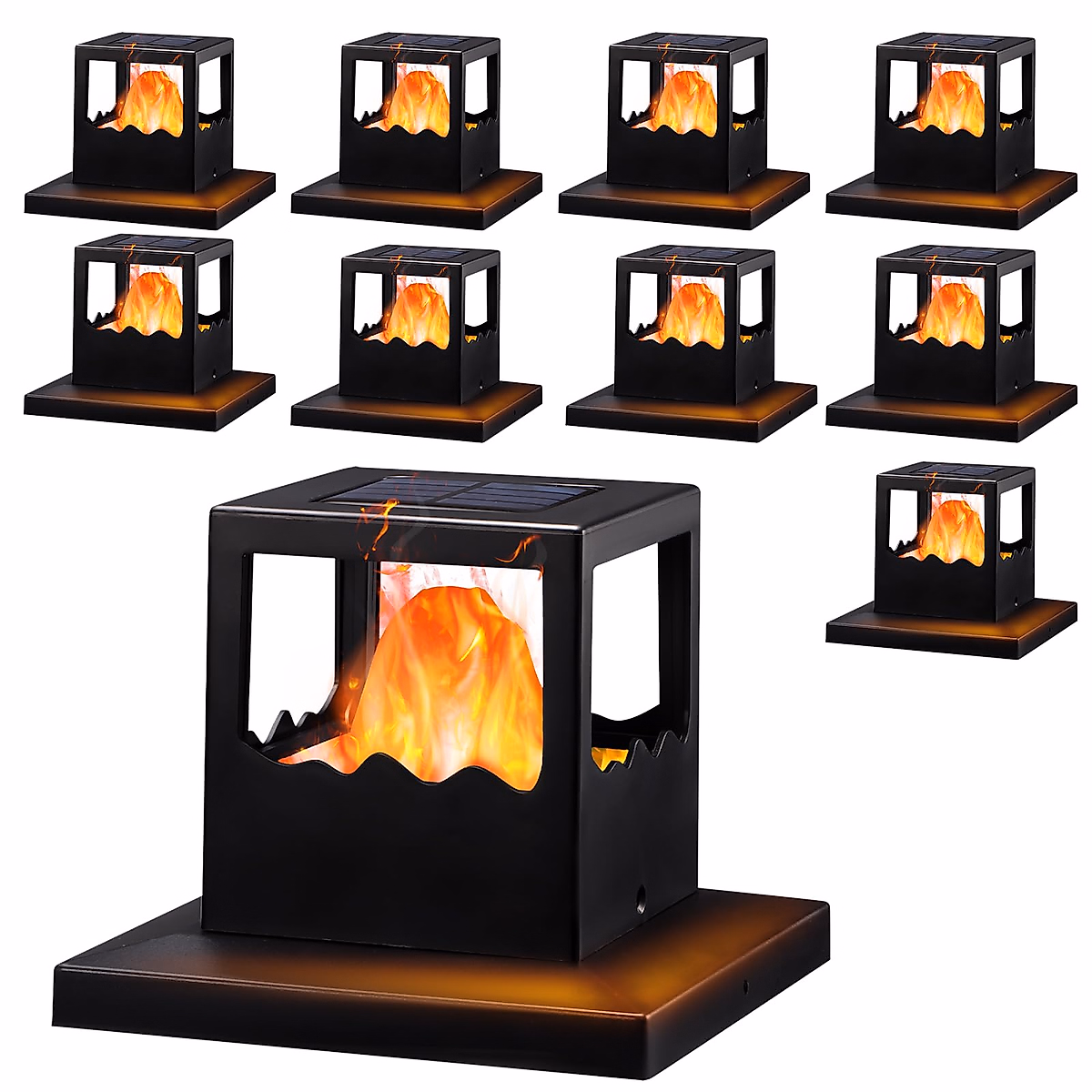Viewsun 10 Pack Solar Flame Post Lights Outdoor, Solar Powered Fence Post Cap Lights, High Brightness Flickering Flame Lighting for Christmas, Fits 4x4, 5x5 or 6x6 Wooden Posts, for Yard Deck or Patio