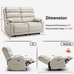 MCombo Large Power Reclining Loveseat Sofa with Adjustable Headrest, Heat and Vibration,Faux Leather Electric Loveseat Recliner with USB Type C Charge Ports for Living Room 6711 (Light Grey)