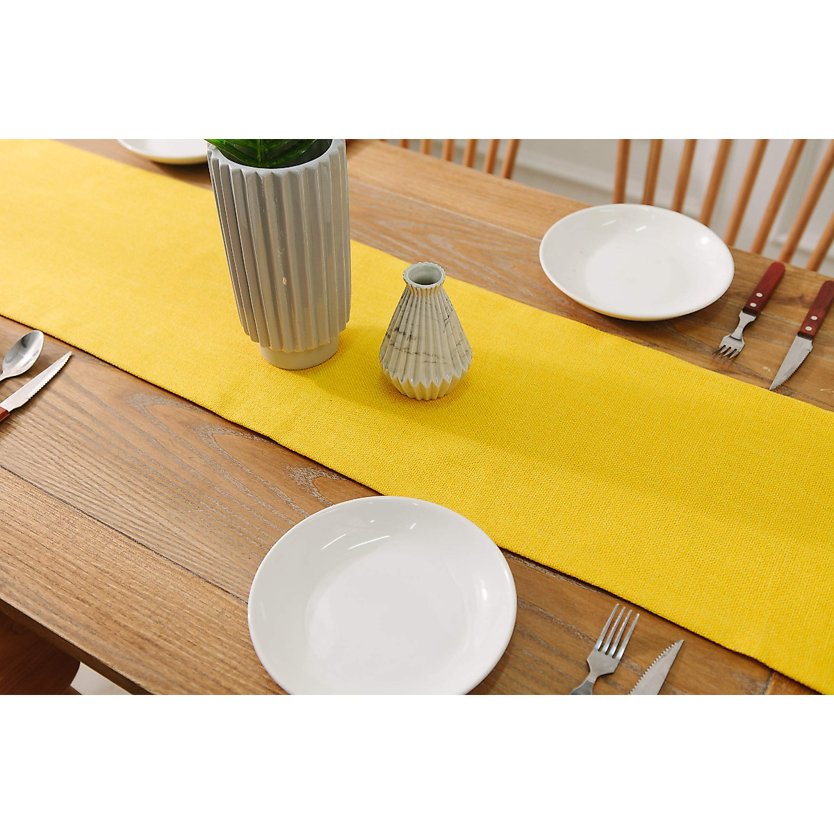 2 Piece Fabric in 1 Dining Table Runner 12 x 36 inches Living Room Dinner Wedding Birthday Party Burlap Rustic Table Runner, Yellow