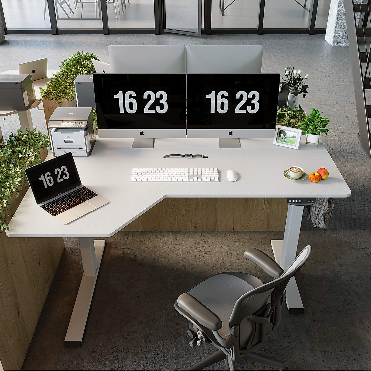 BANTI 55 Inches L-Shaped Electric Standing Desk, White Top/White Frame Height Adjustable Stand up Table, Home Office Sit to Stand Desk with Splice Board