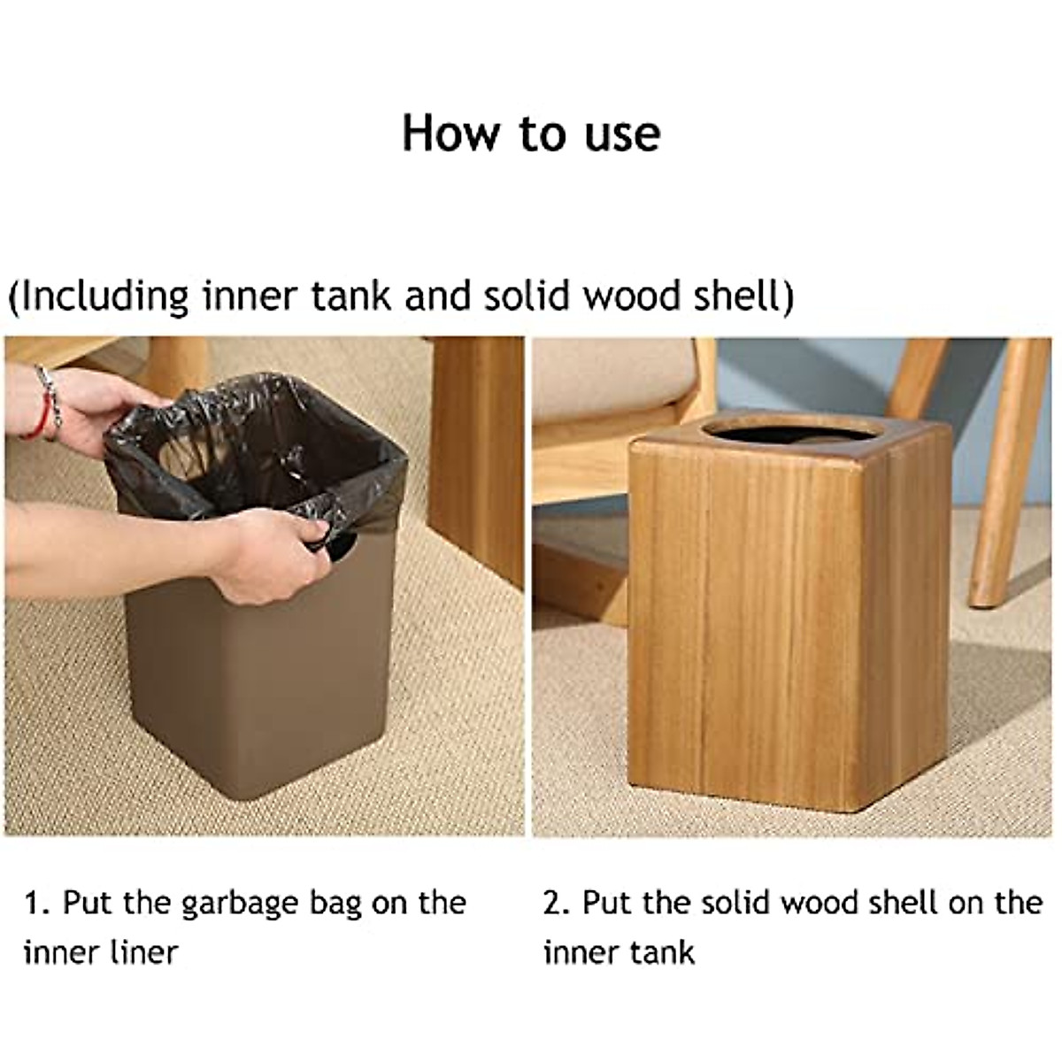 DRSFF Trash Can with Plastic Inner Cylinder Wooden Kitchen Rubbish Container Square Teak Living Room Garbage Bin Office Waste Basket Bedroom Bathroom Storage Bucket