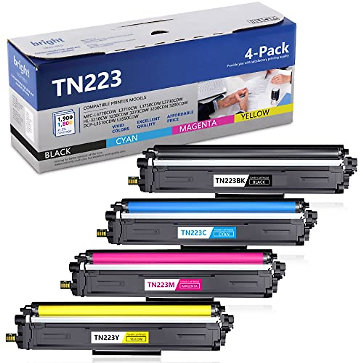 TN223 Toner Cartridges 4-Pack(Black/Cyan/Magenta/Yellow) Replacement for Brother TN223BK/C/M/Y Toner for HL-L3210CW HL-L3230CDW, HL-L3270CDW HL-L3290CDW MFC-L3710CW MFC-L3750CDW MFC-L3770CDW Printer