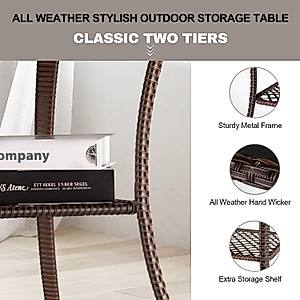 Outdoor Side Table Patio Wicker Coffee Table Outdoor End Table Rattan Bistro Table with Storage & Poly Lumber Table Top Square for Outside Balcony Porch Backyard Deck Brown