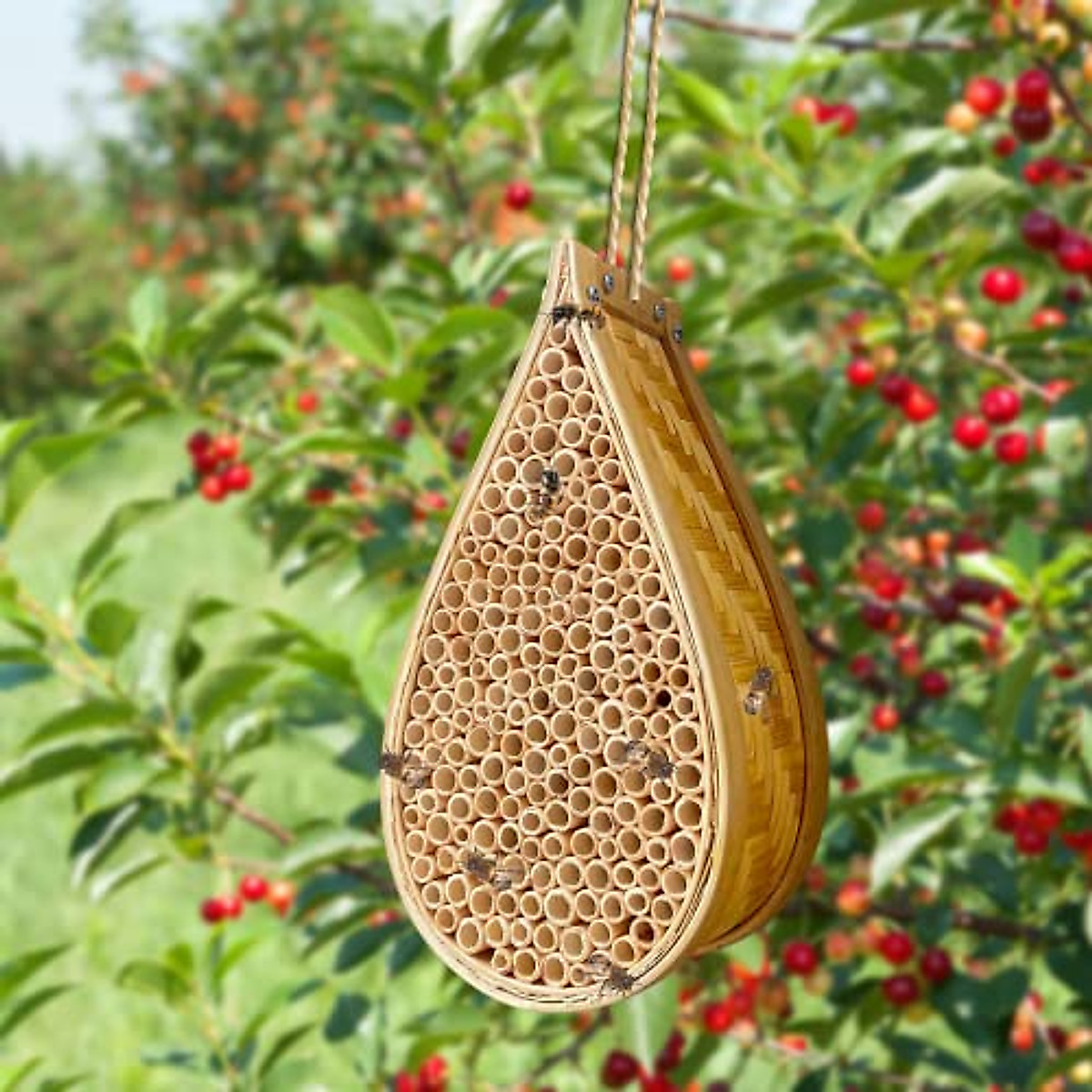 Mason Bee Houses for the Garden Handmade Bamboo Carpenter Bee House Hanging Outside, Dew Drop Waterproof Beehives for The Garden Attracts Peaceful Bee Pollinators to Enhance Your Garden's Productivity