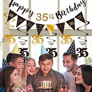 BRT Bearingshui 35th Birthday Decoration Kit for Men Women, Happy 35th Birthday Banner Bunting Swirls Streamers, Triangle Flag Banner for Birthday Party Decorations Supplies Black and Gold 35th