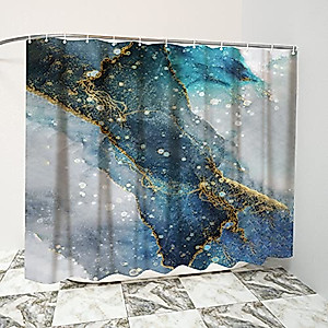 elepdfcd Marble Shower Curtain Set, Bathroom Accessories Sets,4 Piece Abstract Bath Decor with Rugs Complete Set, Non-Slip and Waterproof with 12 Hooks, Blue, Glod, Green