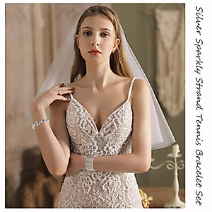 JEWPARK 4 PCS Crystal Tennis Bracelet Silver Rhinestone Stretch Bracelets for Women 4A