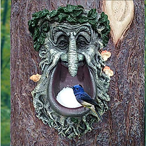 Big Mouth Old Man Tree Face Sculpture, Flower Planter Pot Hand-Painted Greenman Tree Peeker Bird Feeder Garden Decor and Yard Art. --10'' H