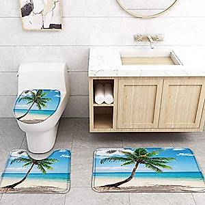 Singingin Bathroom Sets with Shower Curtain and Rugs Palm Trees Tropical Summer Season Shower Curtain Sets with Rugs,Toilet Lid Cover and Bath Mat,Non-Slip Rugs and Waterproof Bath Curtain with Hooks