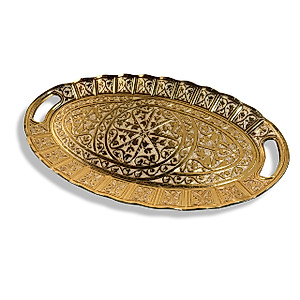 Turkish Tea Coffee Beverage Dinning Serving Tray Ellipse with Handled Ottoman Motif Decorative Middle Table Drink Serving Bathroom Oval Suitable for Gift Tray (14.1x8.2x1 INC) 35.8x20.5x2cm Gold